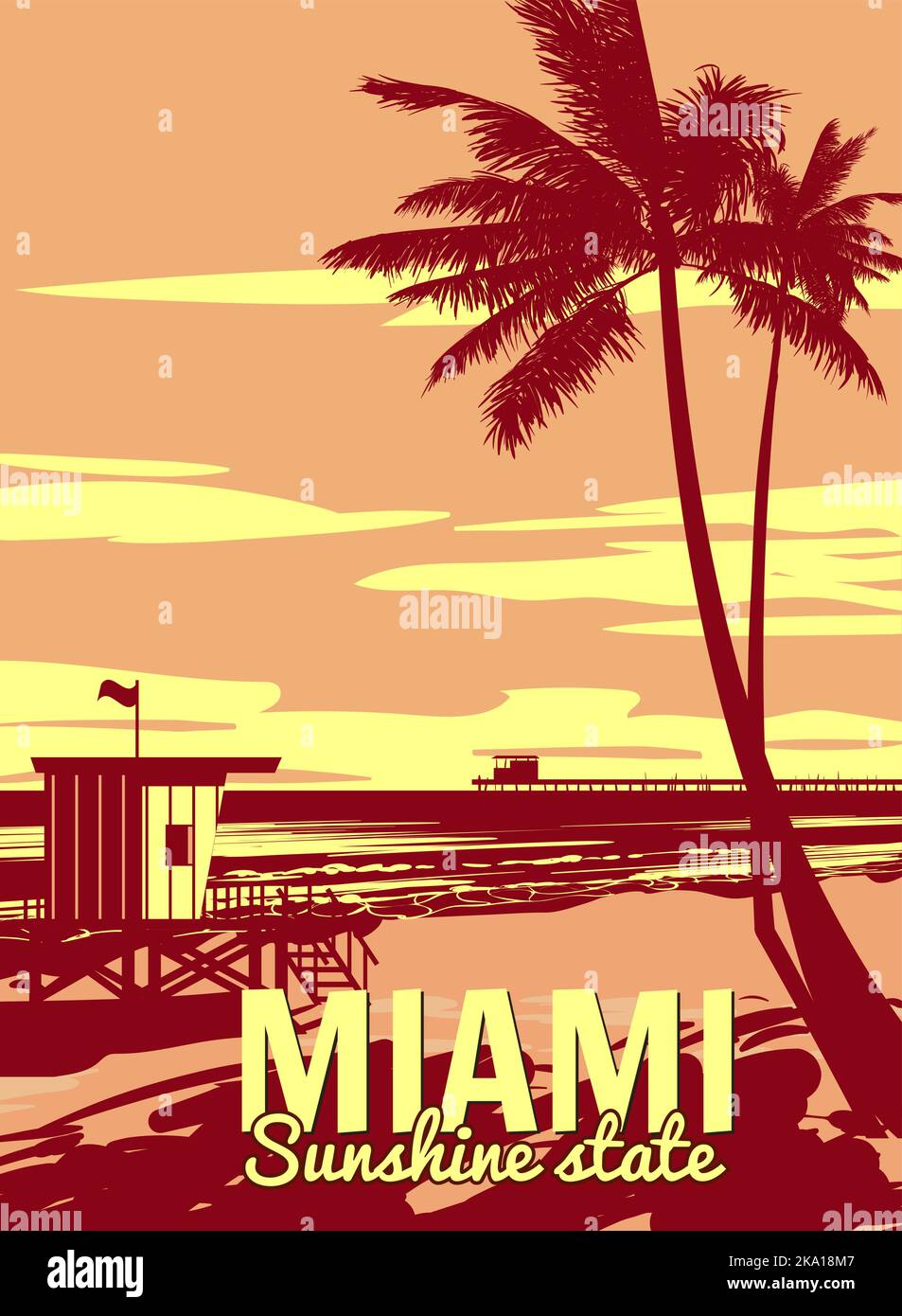 Miami Beach Retro Poster. Lifeguard house on the beach, palm, coast ...