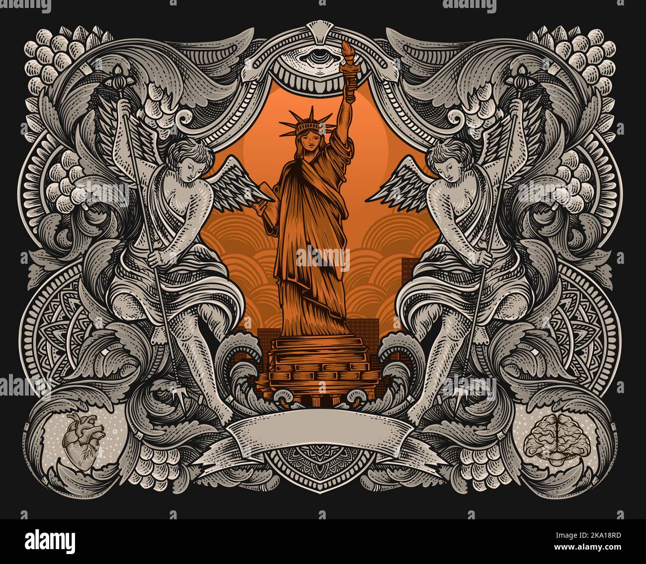 illustration vintage liberty statue with engraving ornament Stock ...