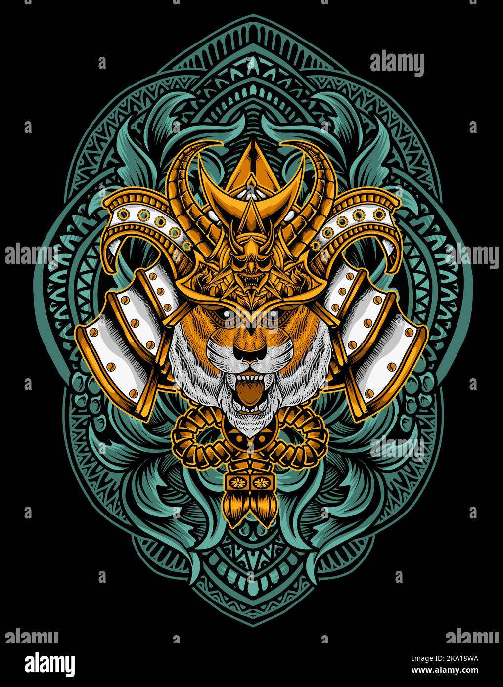 illustration tiger samurai head with engraving ornament Stock Vector ...