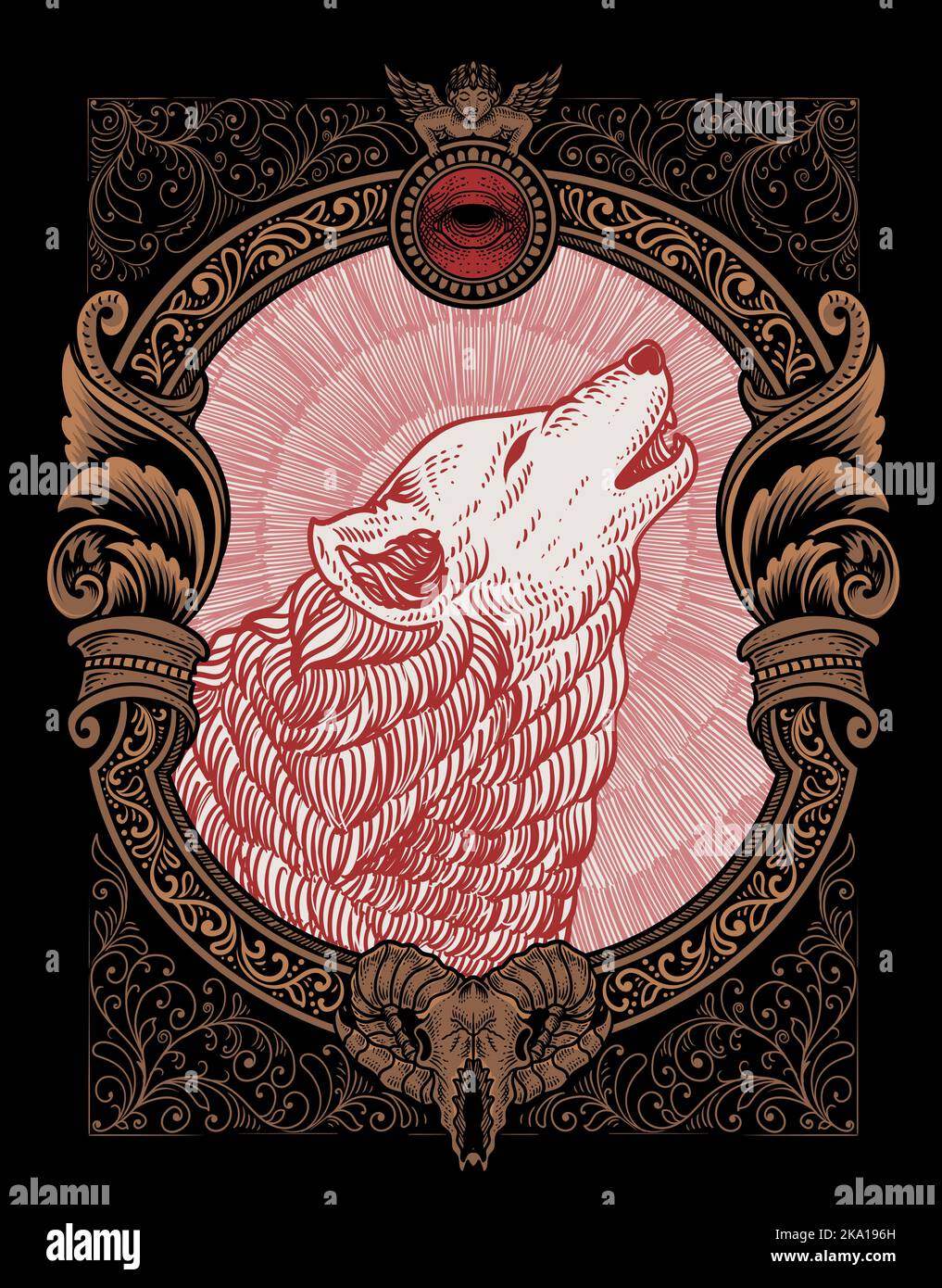 illustration vintage wolf with engraving ornament frame Stock Vector ...