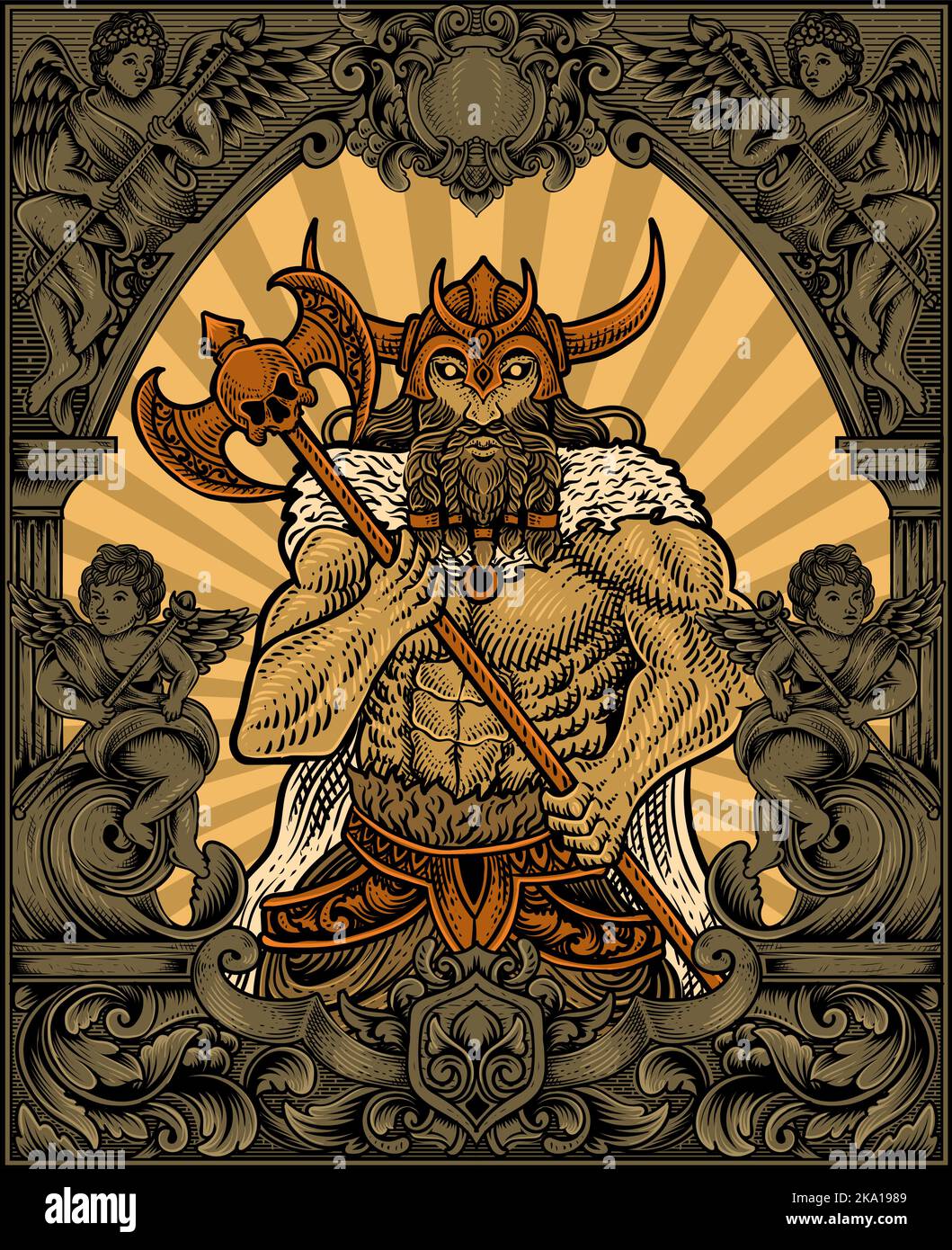 Illustration antique viking warriors with engraving ornament frame ...