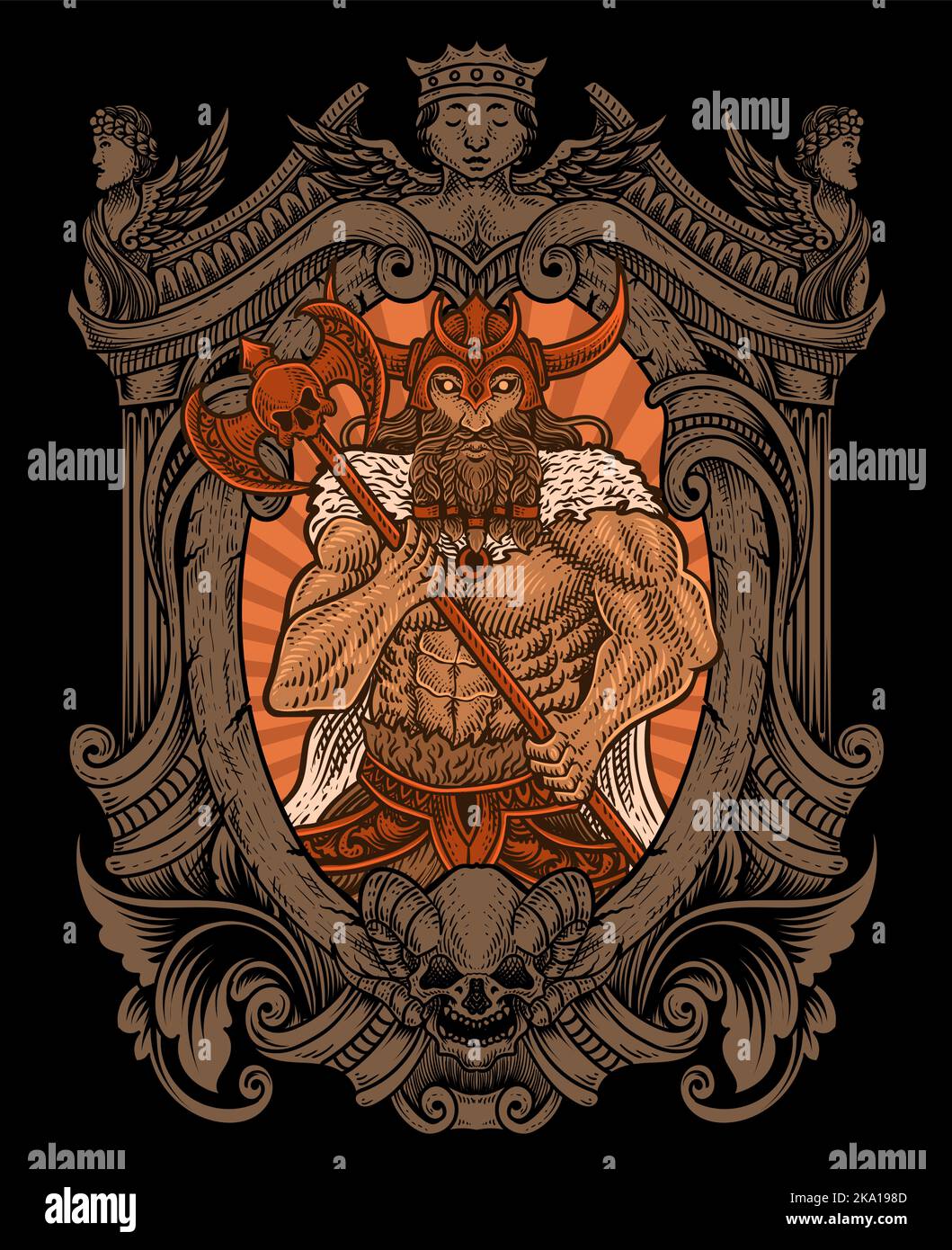 Illustration antique viking warriors with engraving ornament frame ...