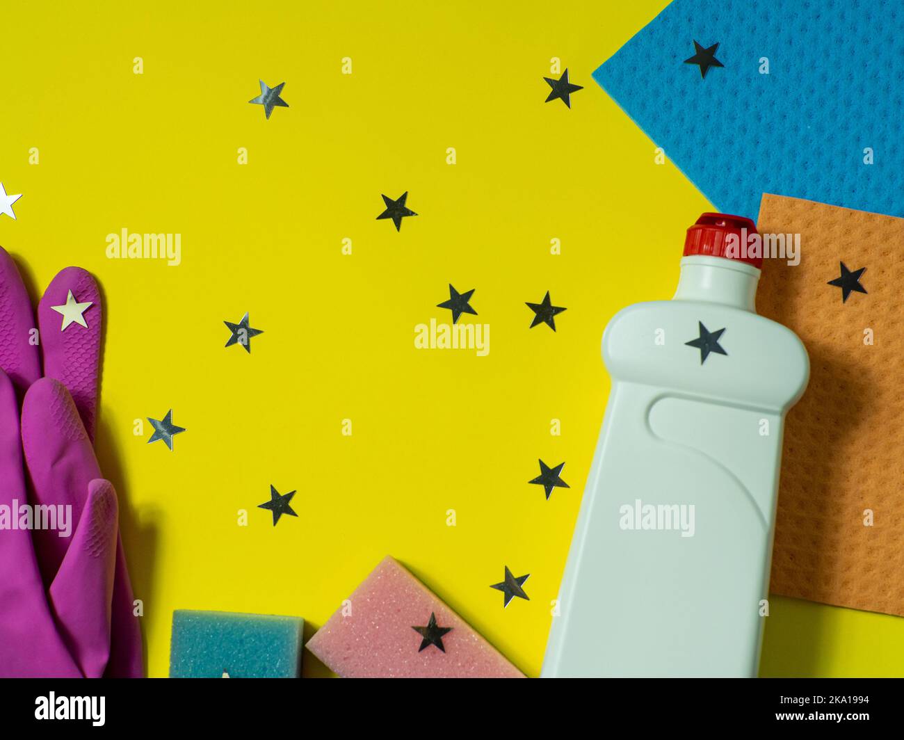 cleaning stuff on yellow background Stock Photo - Alamy