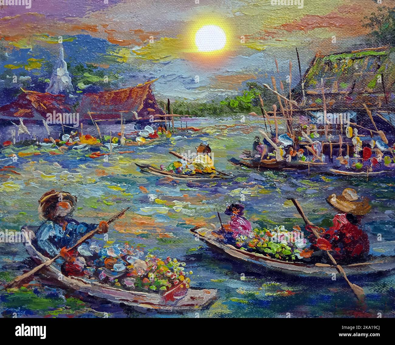 Art painting Oil color Floating market Thailand , rural life , rural ...