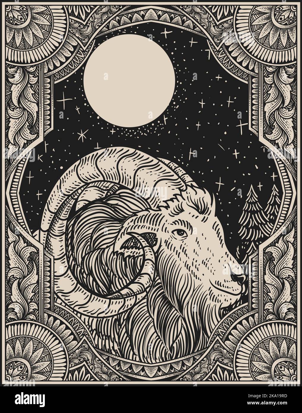 illustration vintage goat with engraving style Stock Vector Image & Art ...