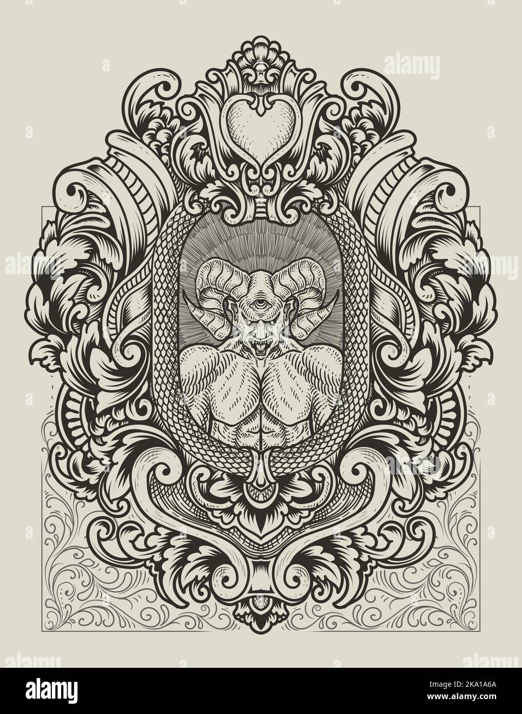 illustration scary demon with vintage engraving frame Stock Vector ...