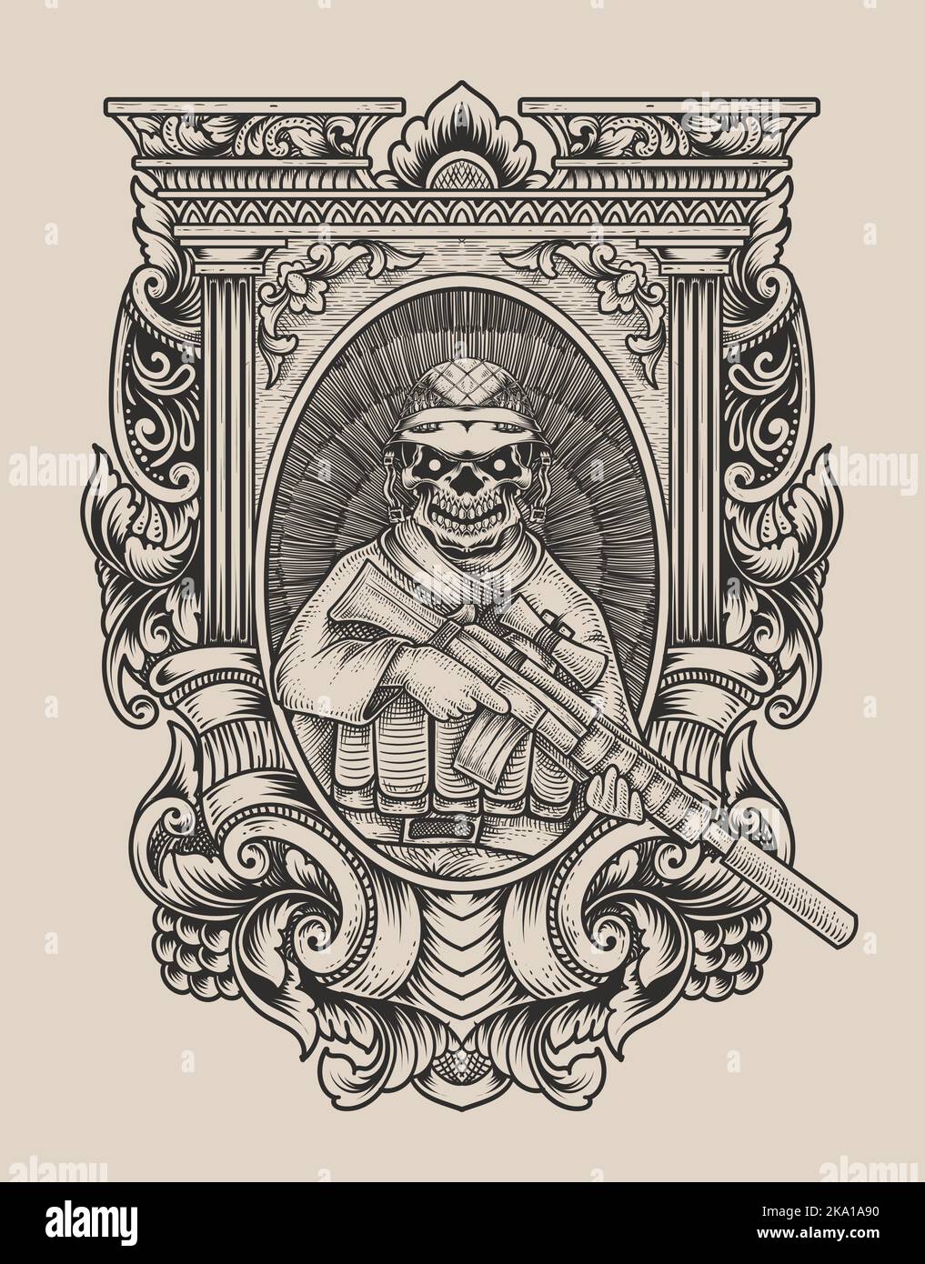 illustration vintage skull army with engraving style Stock Vector Image ...