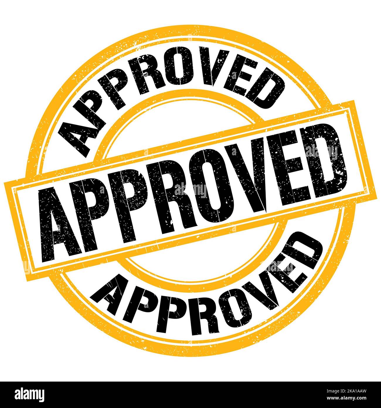 APPROVED text written on yellow-black round stamp sign Stock Photo - Alamy