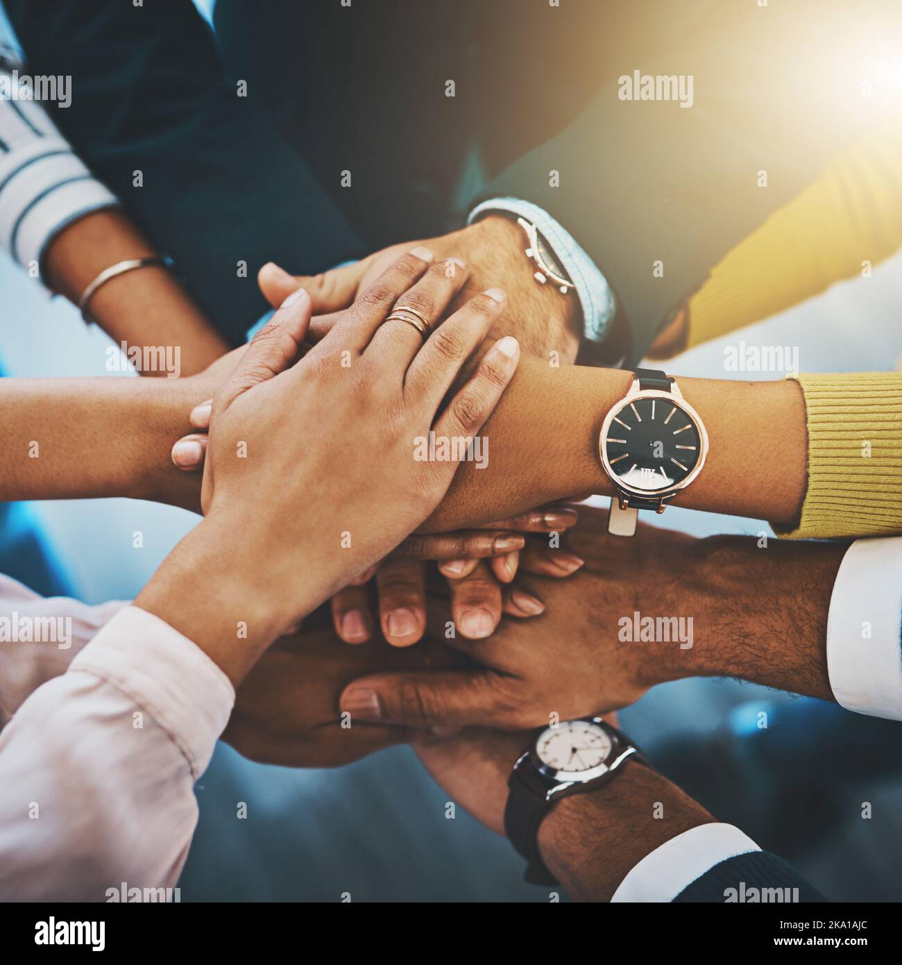 Only great things can be accomplished with teamwork. Closeup shot of an unrecognizable group of ...