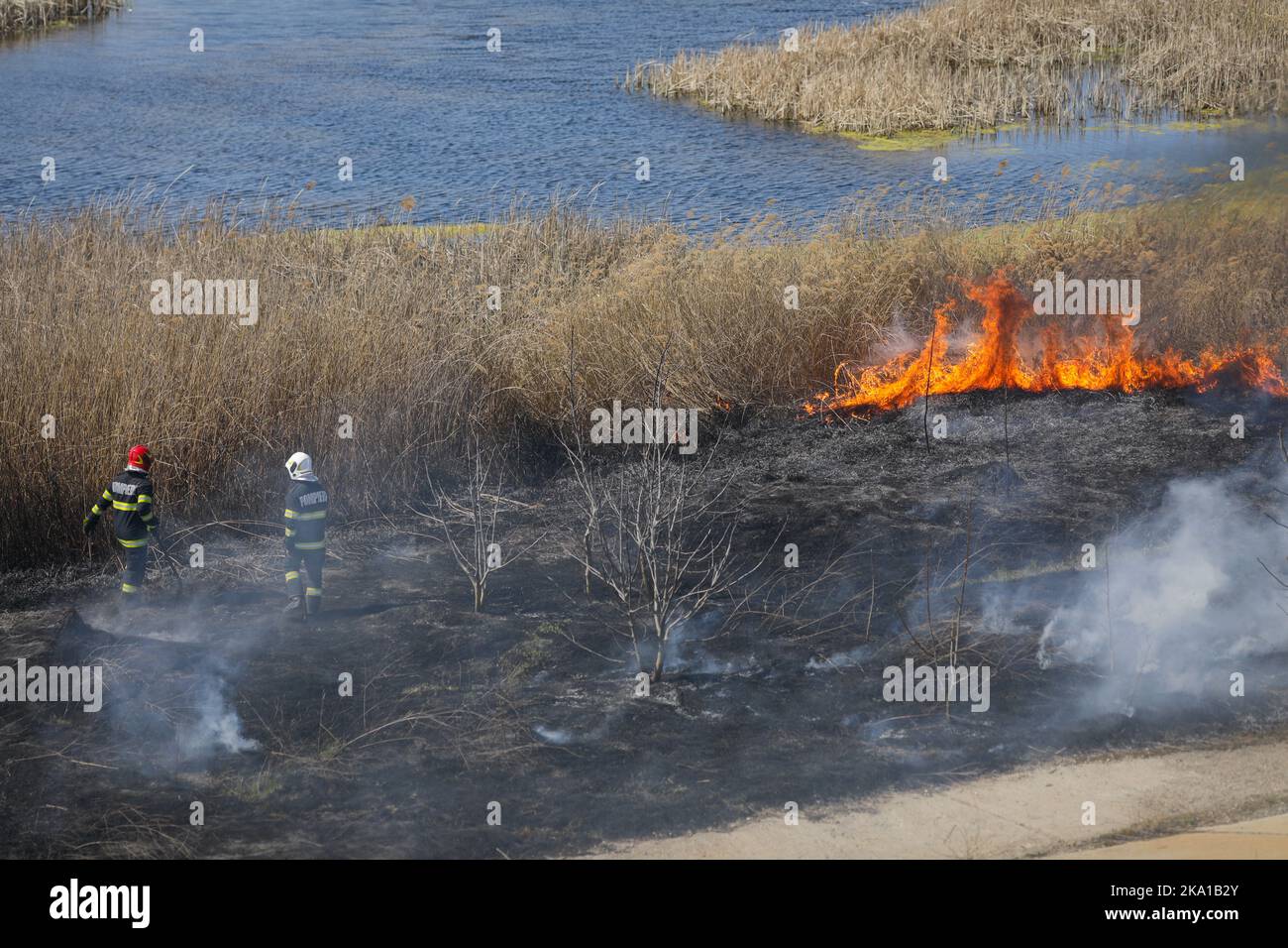 Bucharest, Romania - April 5, 2022: Firefighters try to extinguish a ...