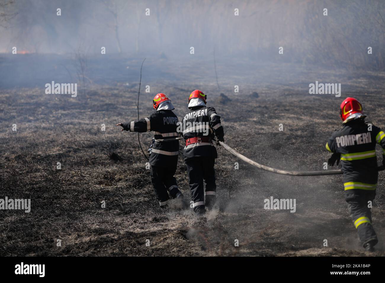 Bucharest, Romania - April 5, 2022: Firefighters try to extinguish a ...