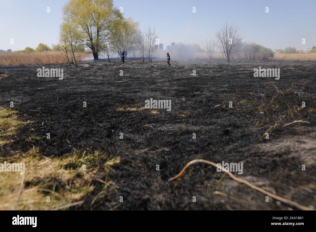 Bucharest, Romania - April 5, 2022: Firefighters try to extinguish a ...