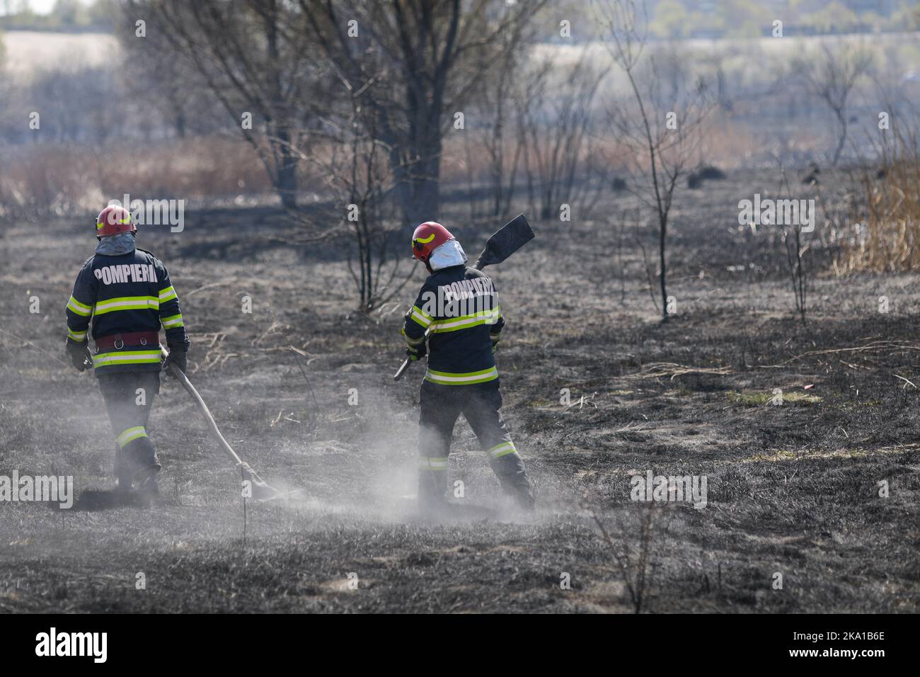 Bucharest, Romania - April 5, 2022: Firefighters try to extinguish a ...