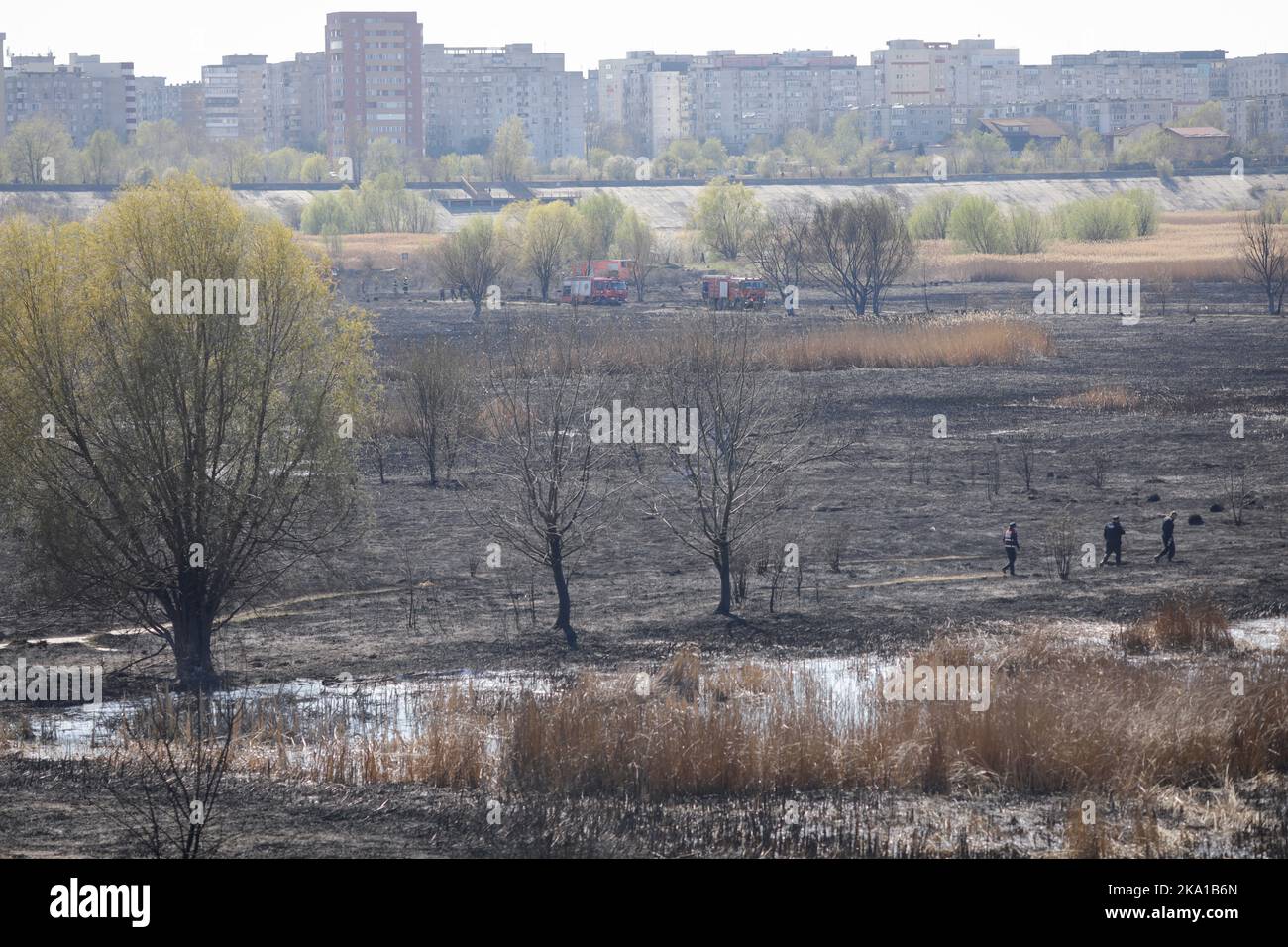 Bucharest, Romania - April 5, 2022: Firefighters try to extinguish a ...