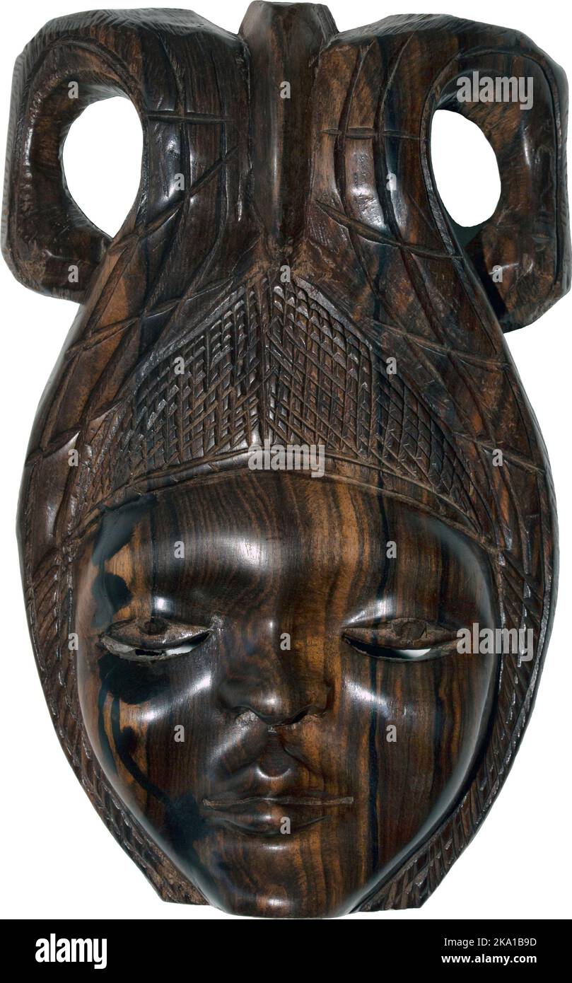 Beautiful ancient wooden mahogany mask represent female human face with ...