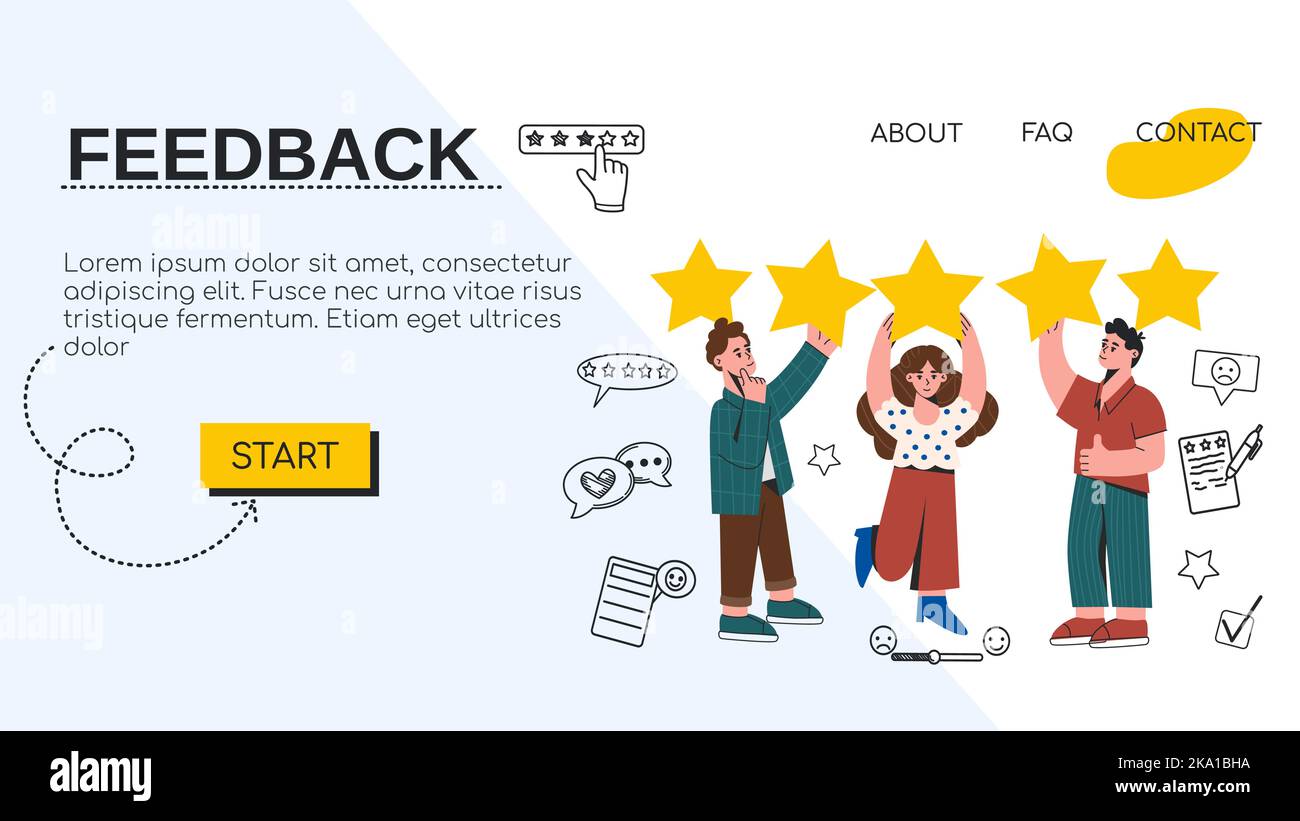 Landing page template with group of people with golden stars, positive ...