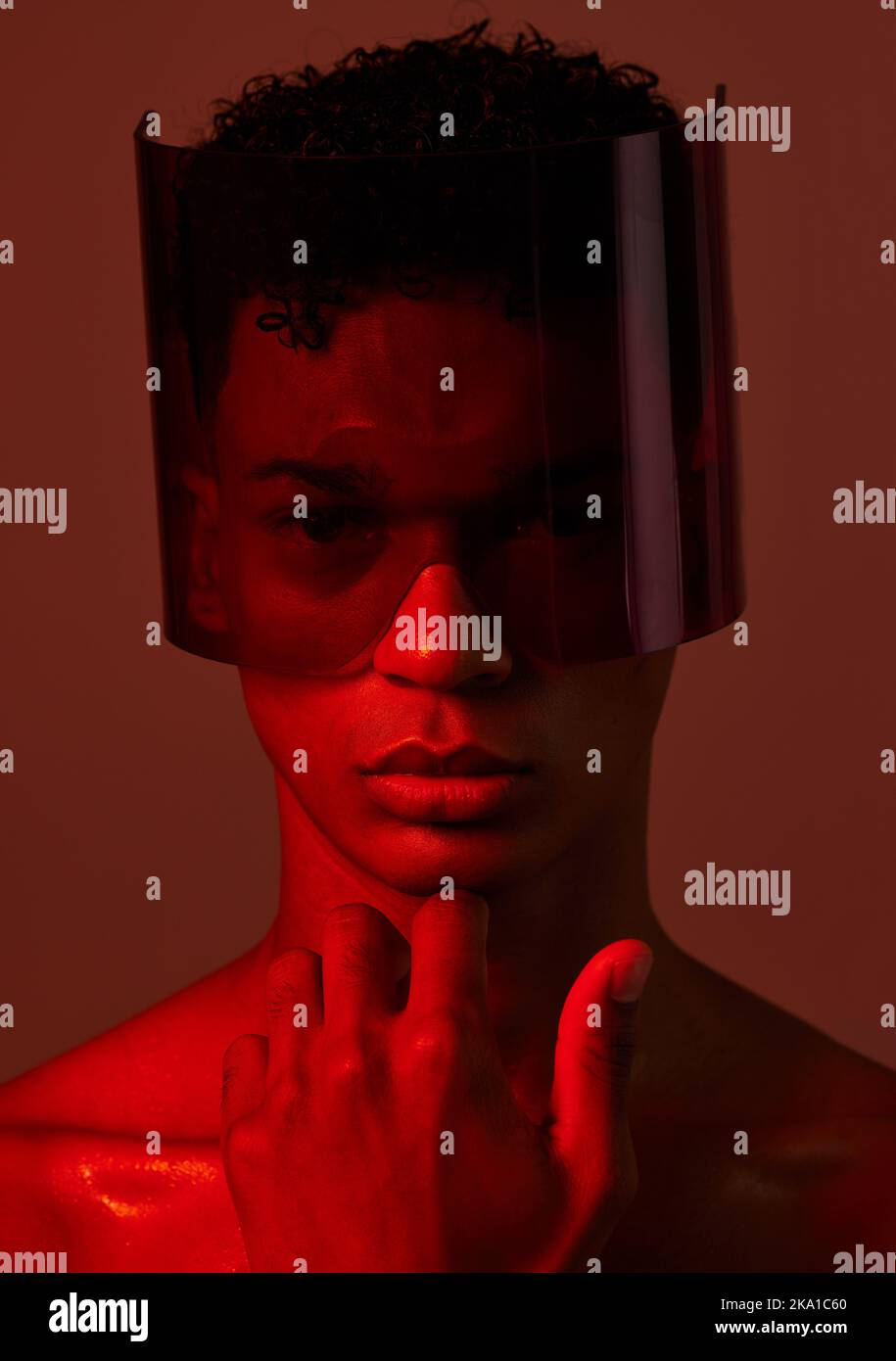 Red future night, black man portrait and futuristic punk glasses on ...