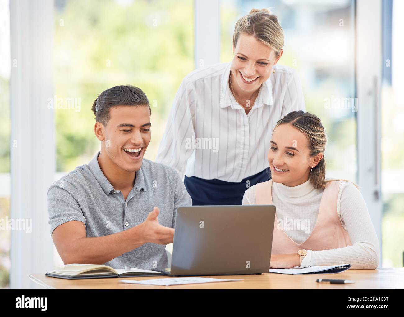 Laptop, website and business people collaboration, teamwork and ...