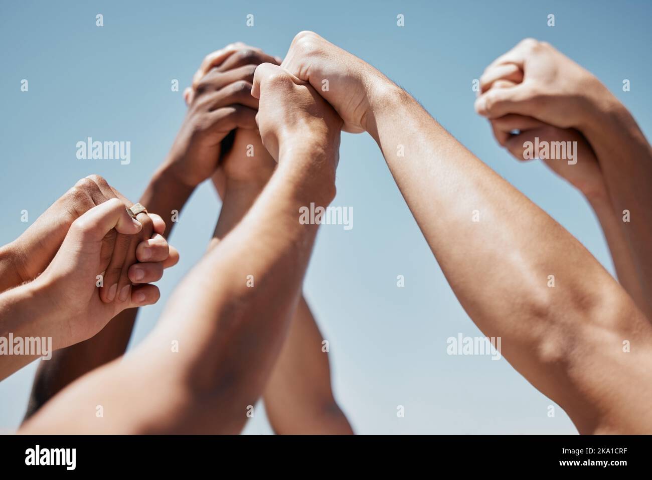 Pray, hands and community praying against a blue sky background for ...
