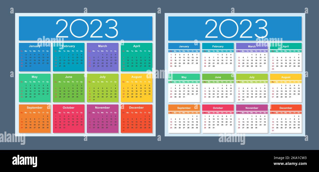 Colorful calendar for 2023 and 2024 years. Week starts on Sunday ...
