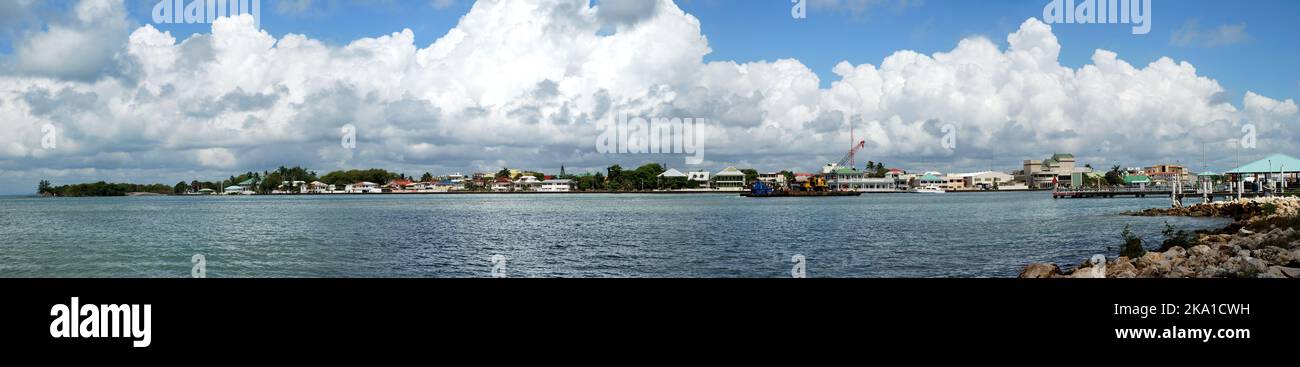 The panoramic view cloudy sky hanging over Belize City downtown and a ...