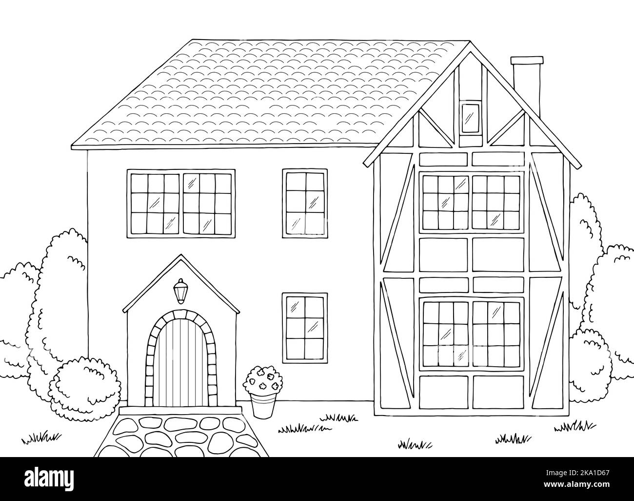 Old English house graphic black white landscape sketch illustration ...