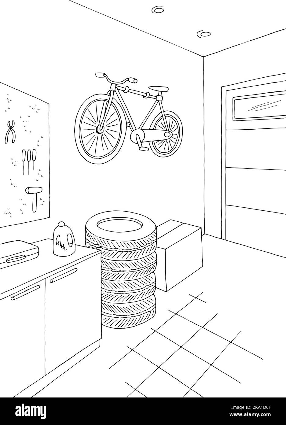 Garage graphic black white interior sketch vertical illustration vector ...