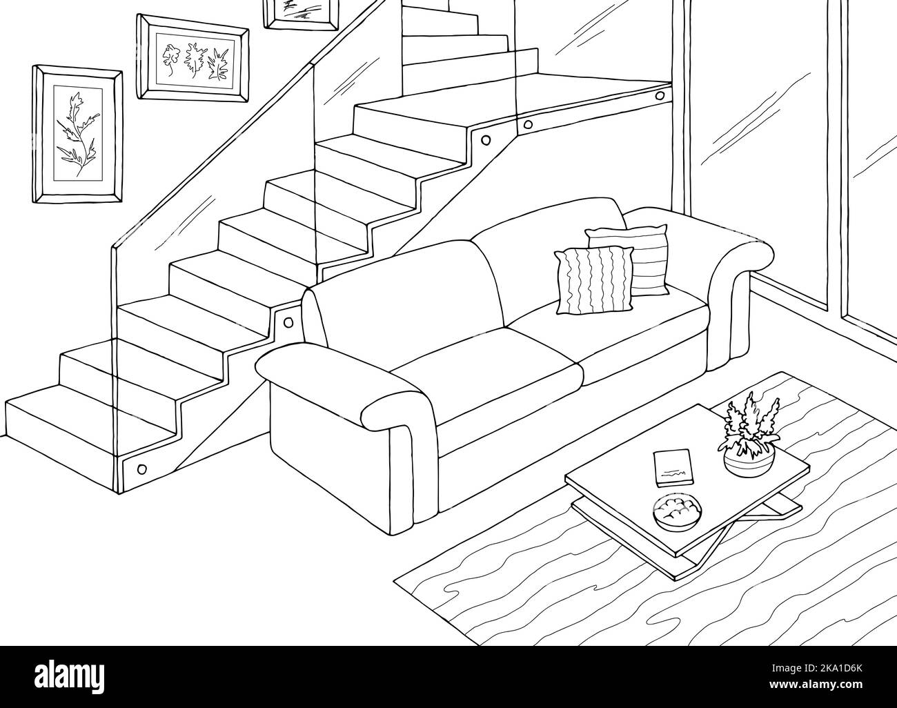 Living room graphic black white home interior sketch illustration ...