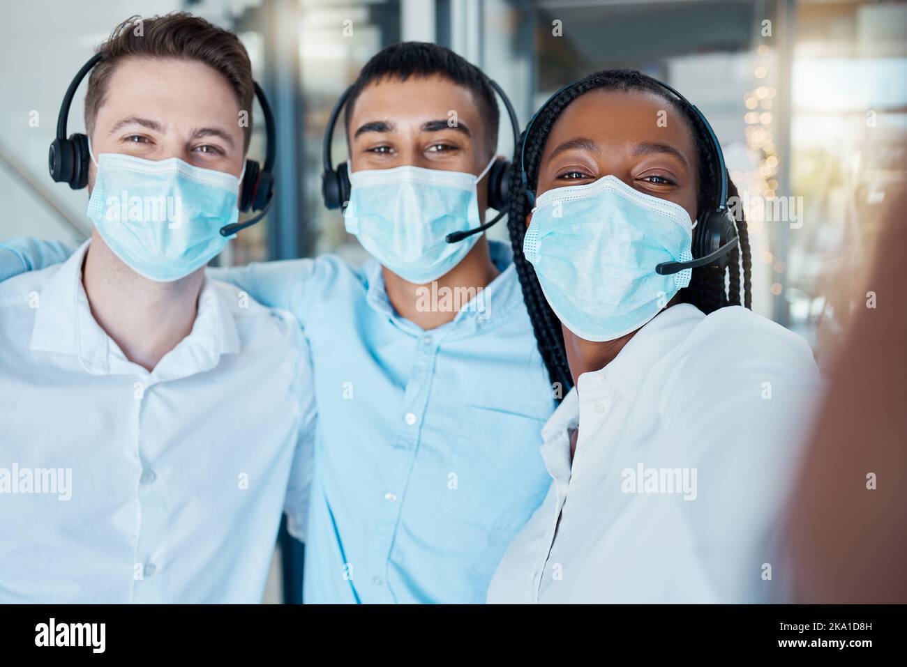 Covid, selfie and call center masks on face of happy staff for pandemic ...