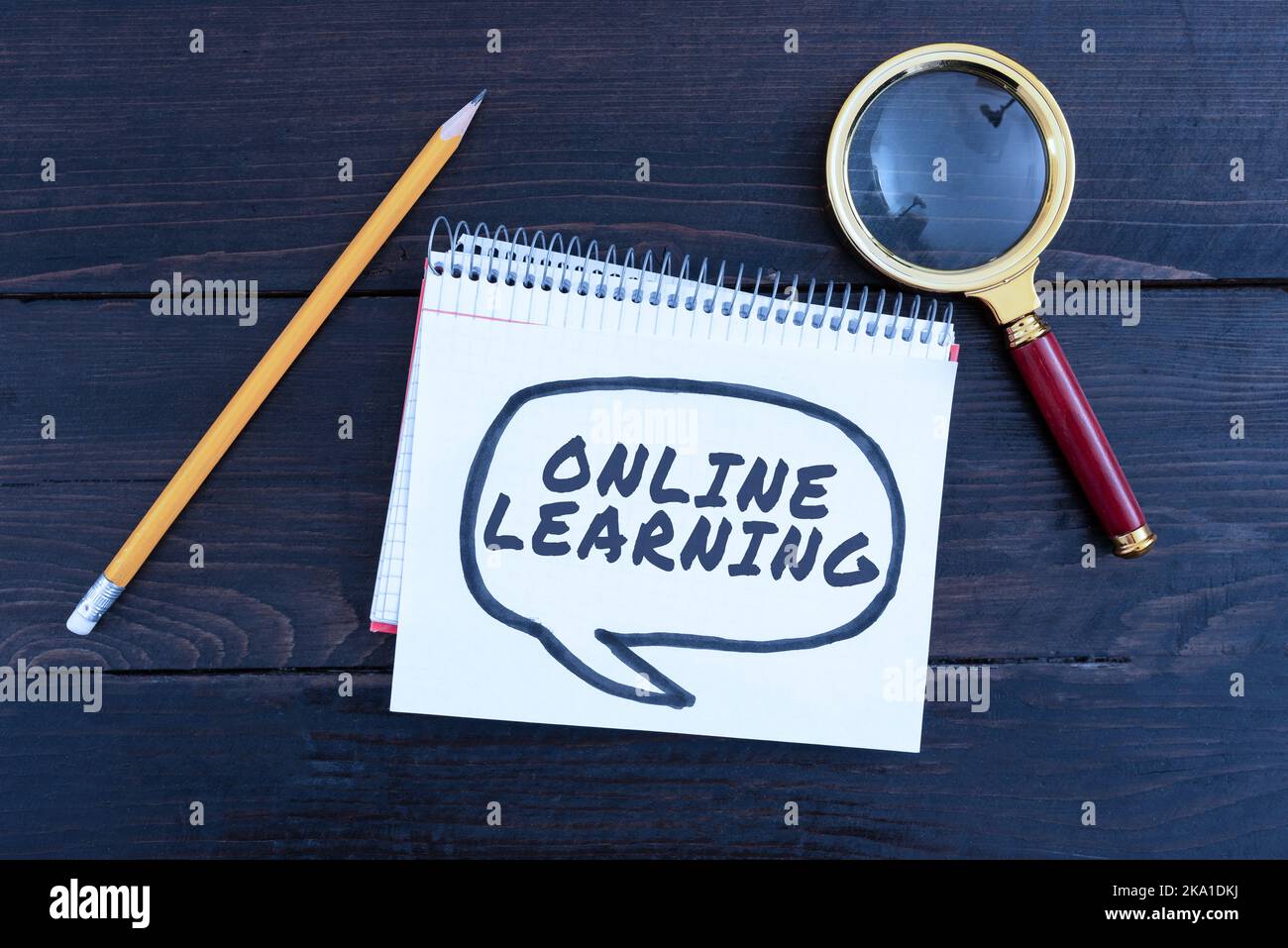 Text caption presenting Online Learning. Word Written on taking a ...