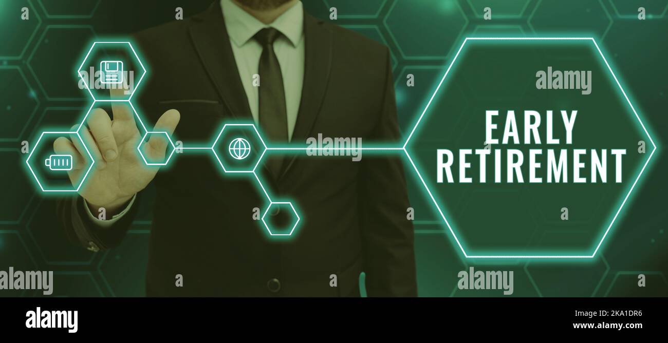 Hand writing sign Early Retirement. Internet Concept a tool used to ...