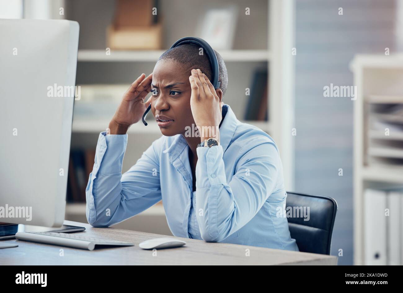 CRM, stress or customer support black woman with PC headache from stock ...