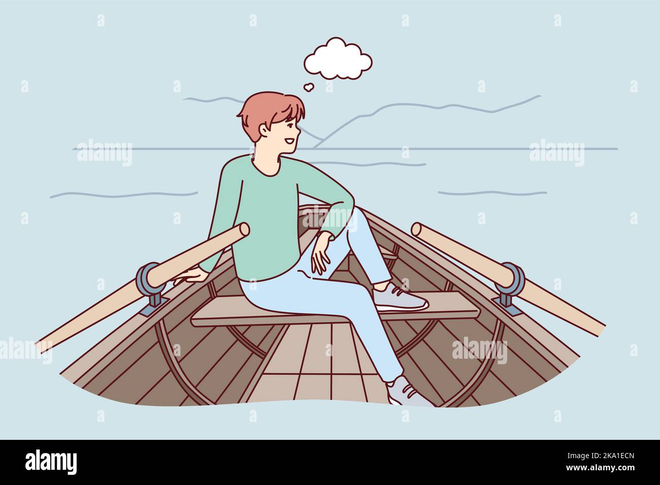 Happy man sit in boat in nature landscape thinking and imagining ...