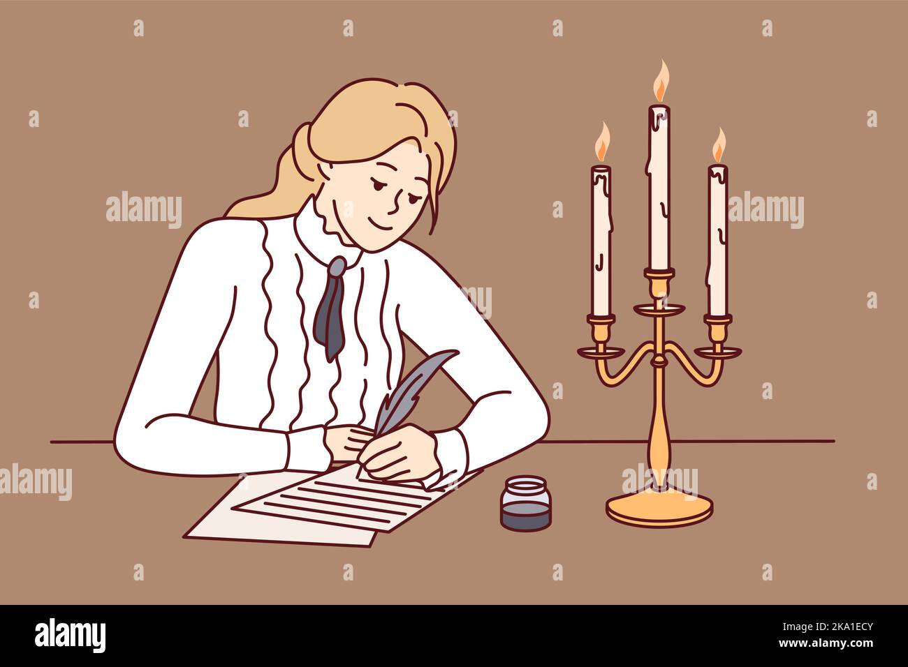 Young woman in retro clothes sit at desk write with feather and candles ...