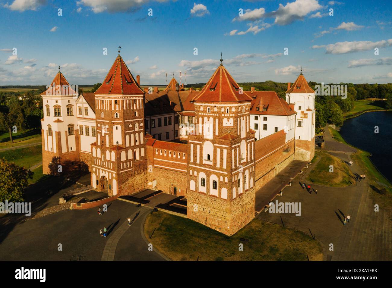 View from the height of the medieval MIR Castle in sunny summer weather ...