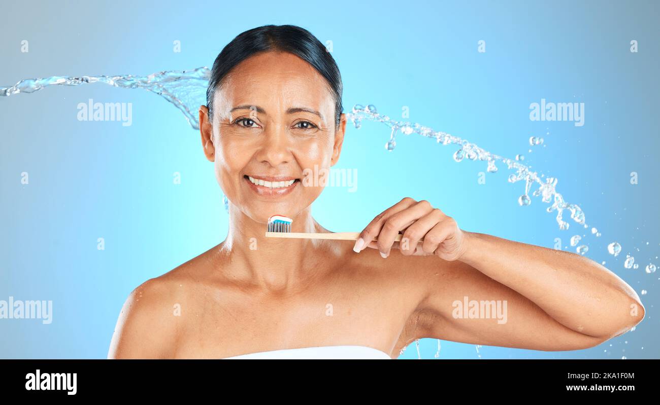Dental, health and woman brushing teeth with toothbrush, toothpaste and ...