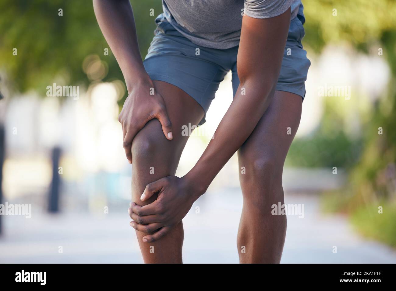 Knee pain, arthritis and legs of man runner during training, running or ...