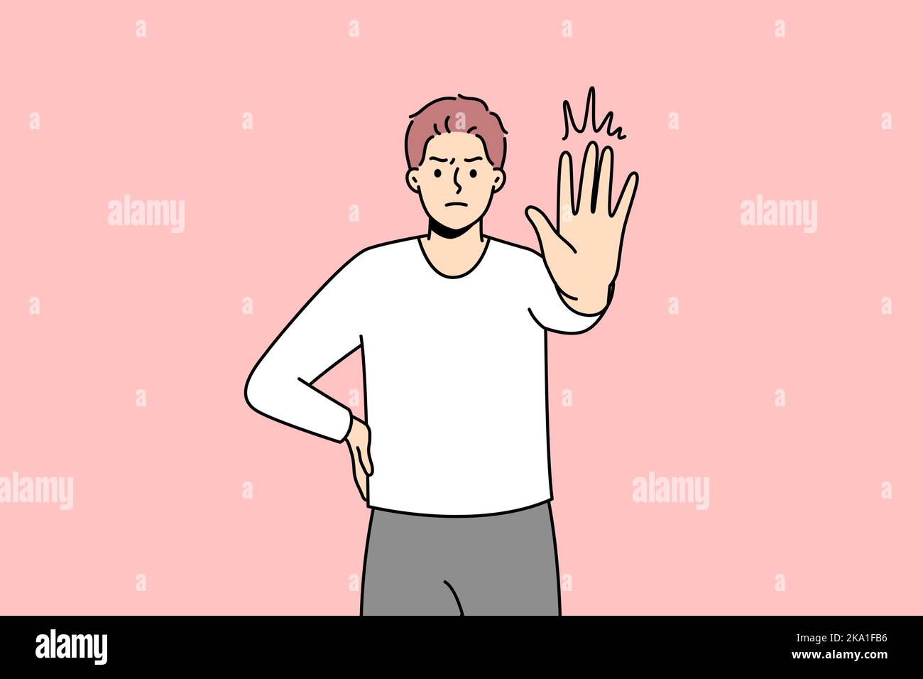 Decisive young man show no hand gesture. Serious male demonstrate stop ...