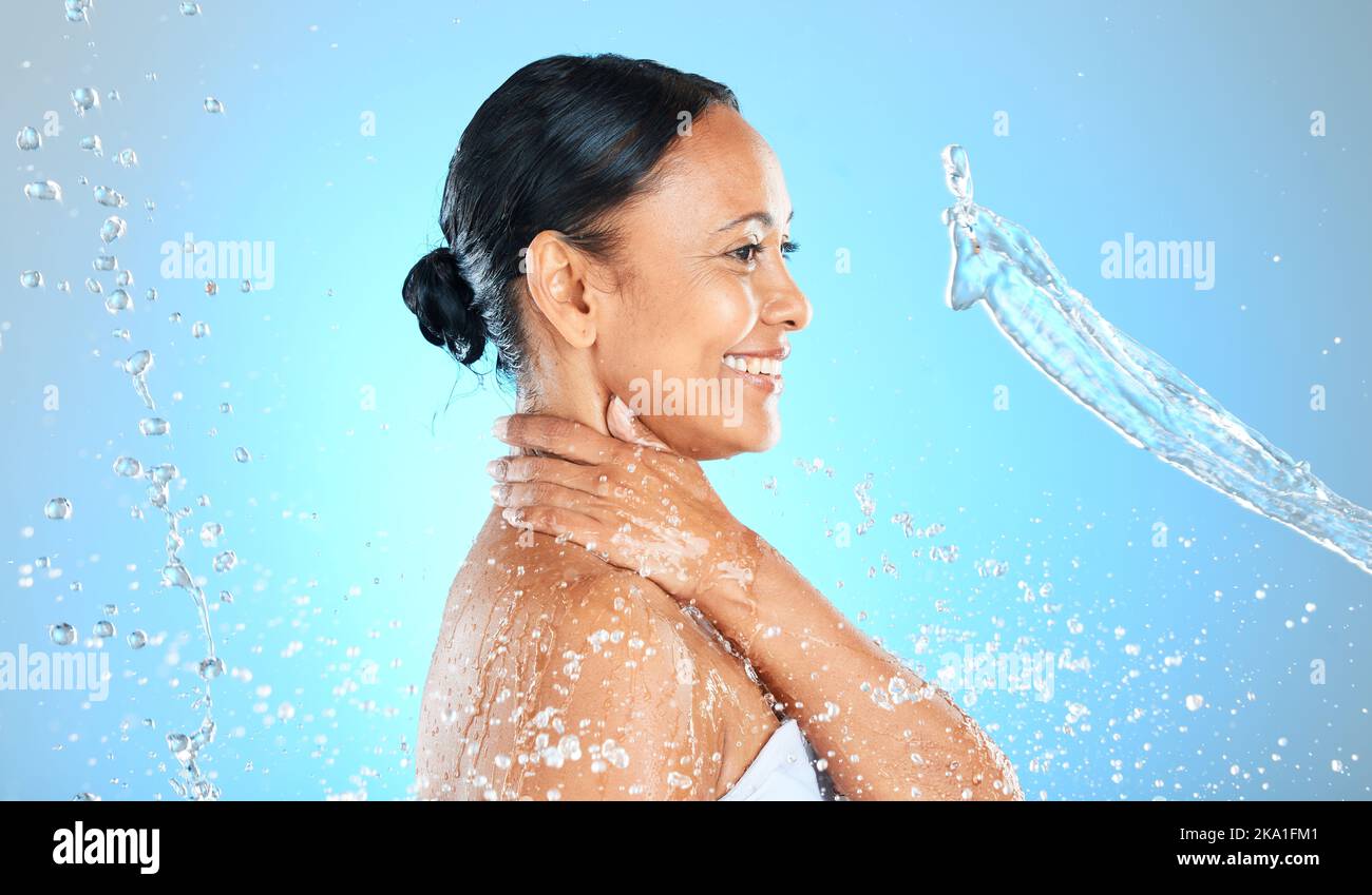 Beauty, skincare and splash of water with woman for health, hydration ...
