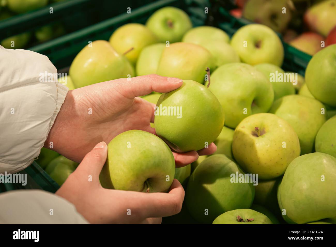 A woman chooses apples in a supermarket, organic and natural fruits ...