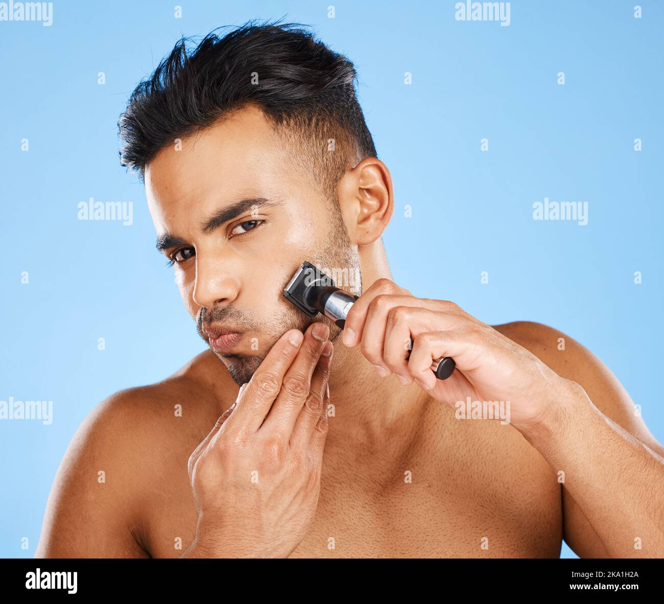 Man, beauty and shaving for facial grooming in skincare for fresh clean ...