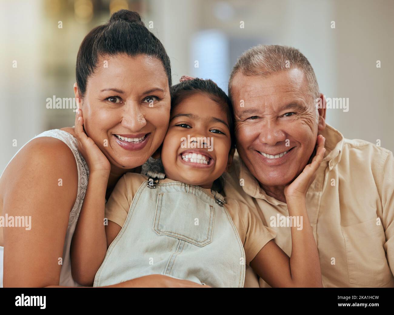 Relax, happy and portrait of girl and grandparents together for support ...