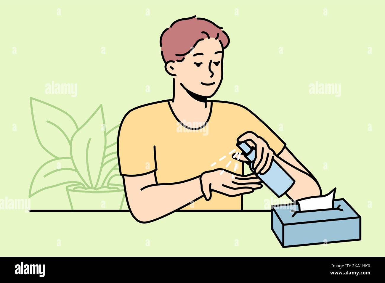 Young man use antiseptic liquid cleaning hands. Guy sanitize hands with ...