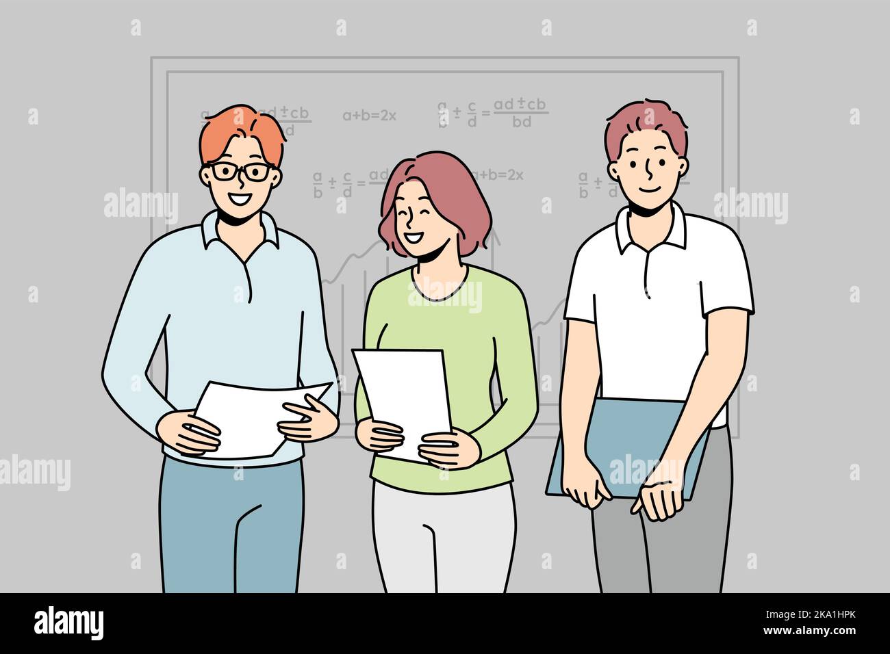Smiling students with documents standing near board presenting in ...