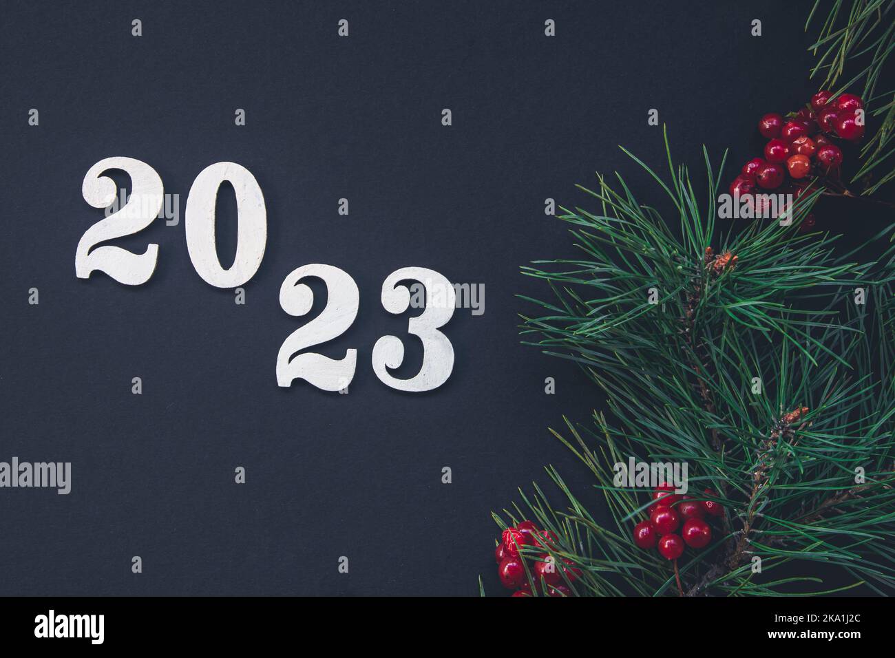 Christmas background with numbers 2023 and decor details, flat lay ...