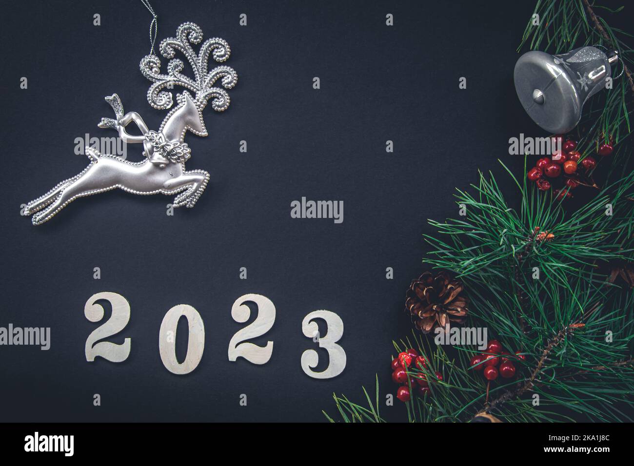 Christmas background with numbers 2023 and decor details, flat lay ...