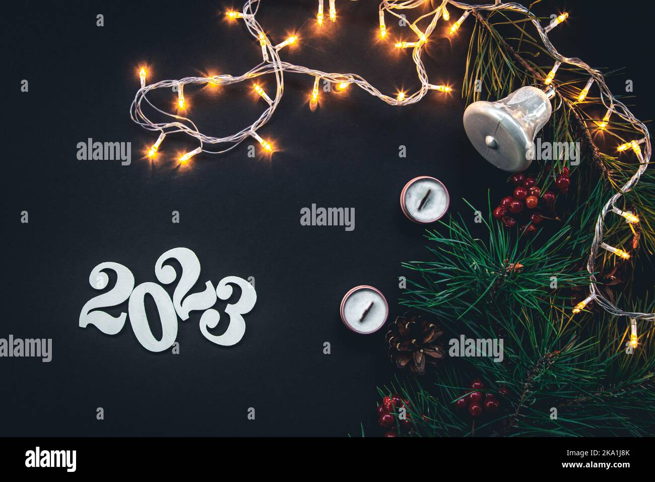 Christmas background with numbers 2023 and decor details, flat lay ...