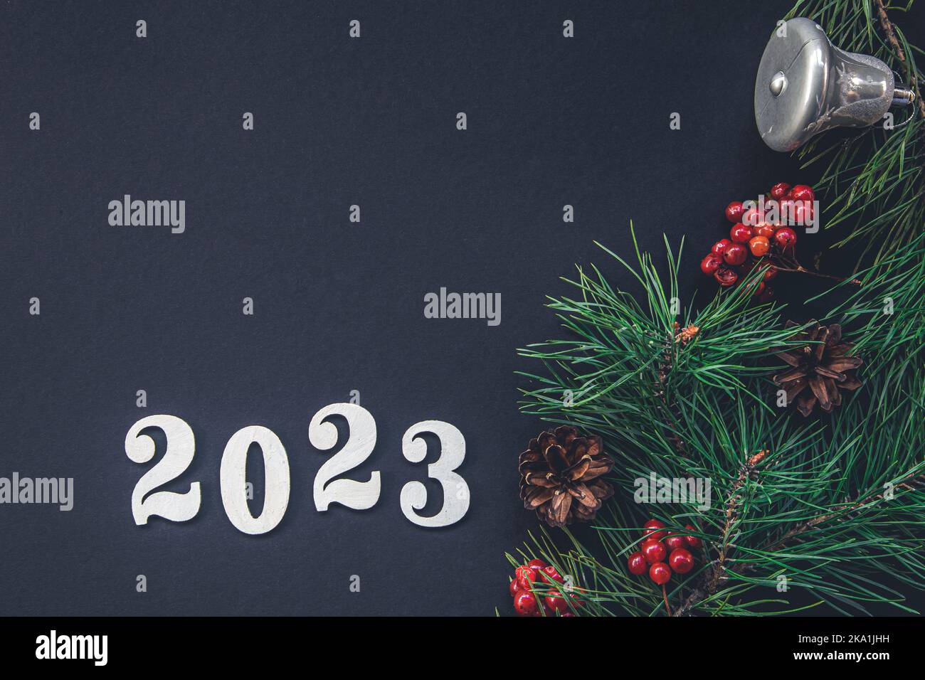 Christmas background with numbers 2023 and decor details, flat lay ...