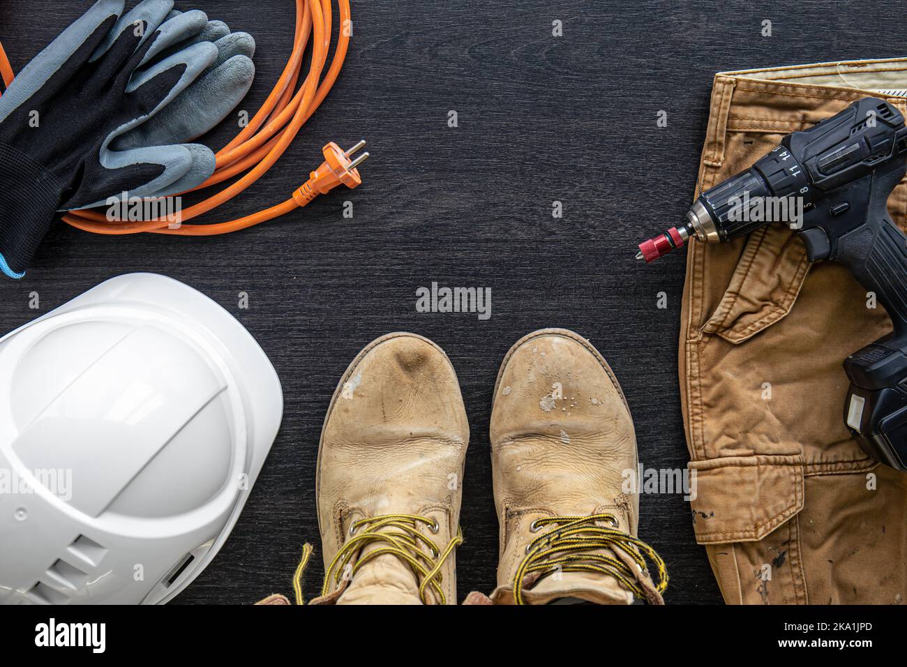 Builder clothes, worker uniform on wooden background, flat lay Stock ...