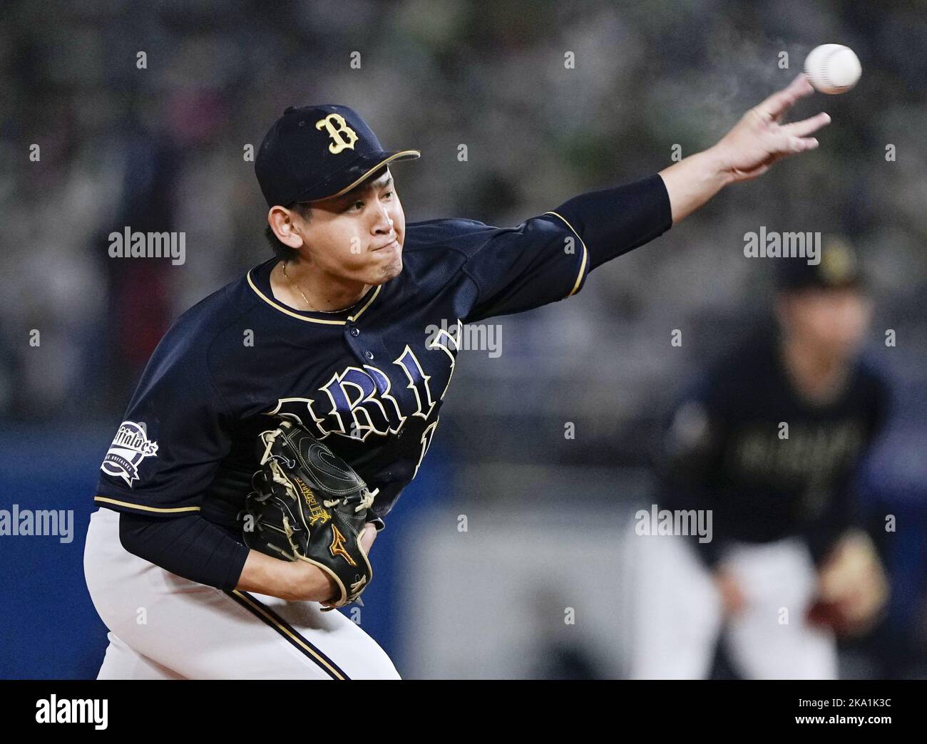 Orix Buffaloes pitcher Hiroya Miyagi takes the mound in Game 7 of the ...